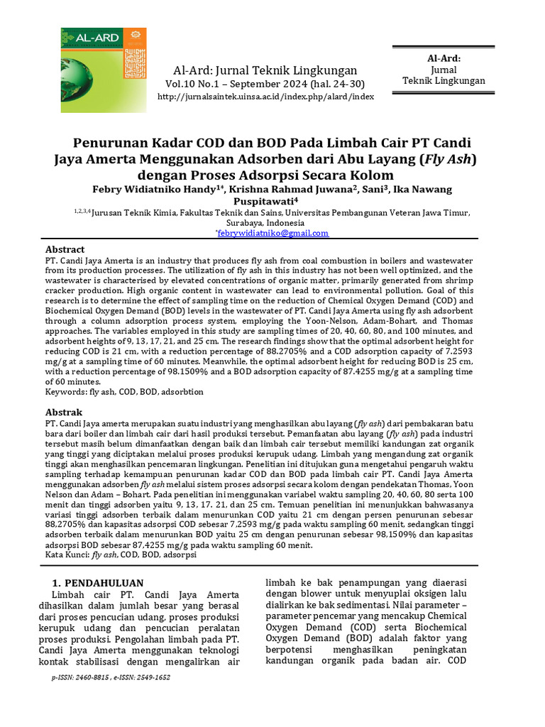 Penurunan Kadar COD Dan BOD Pada Limbah Cair PT Candi Jaya Amerta Menggunakan Adsorben Dari Abu ...
