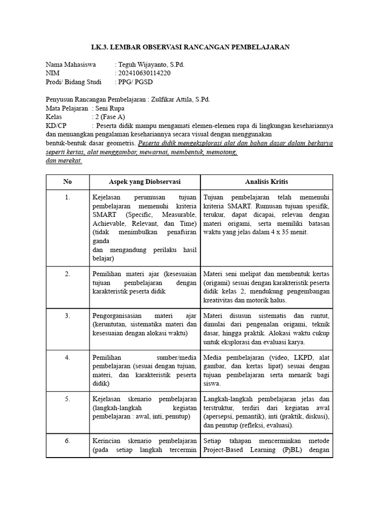 Zulfikar_lk.3. Lembar Observasi Rpp | PDF