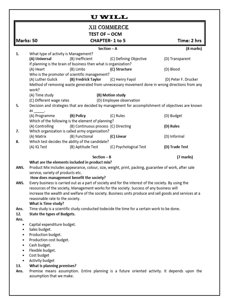 Ans of 12th OCM CH 1 To 5 50 Marks Paper | PDF | Budget | Information