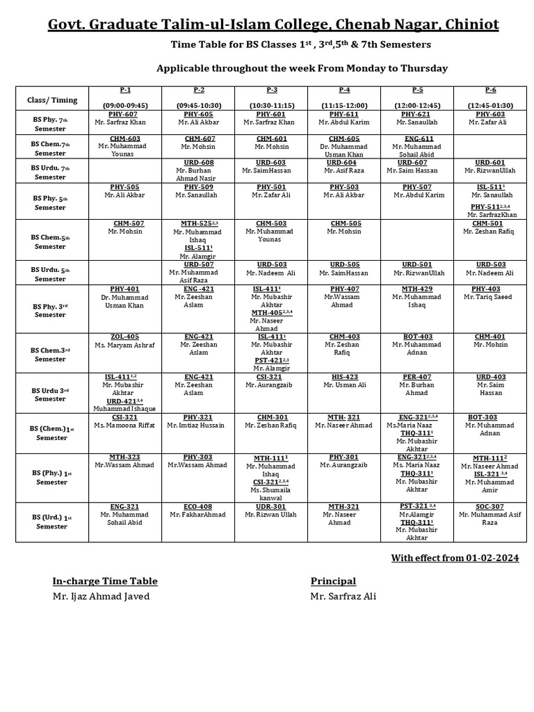 BS Class Timetable at Talim-ul-Islam College | PDF | Pakistan
