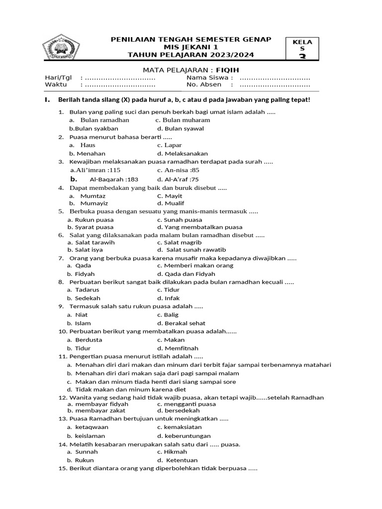 Soal Pts Fiqih Semester Genap | PDF