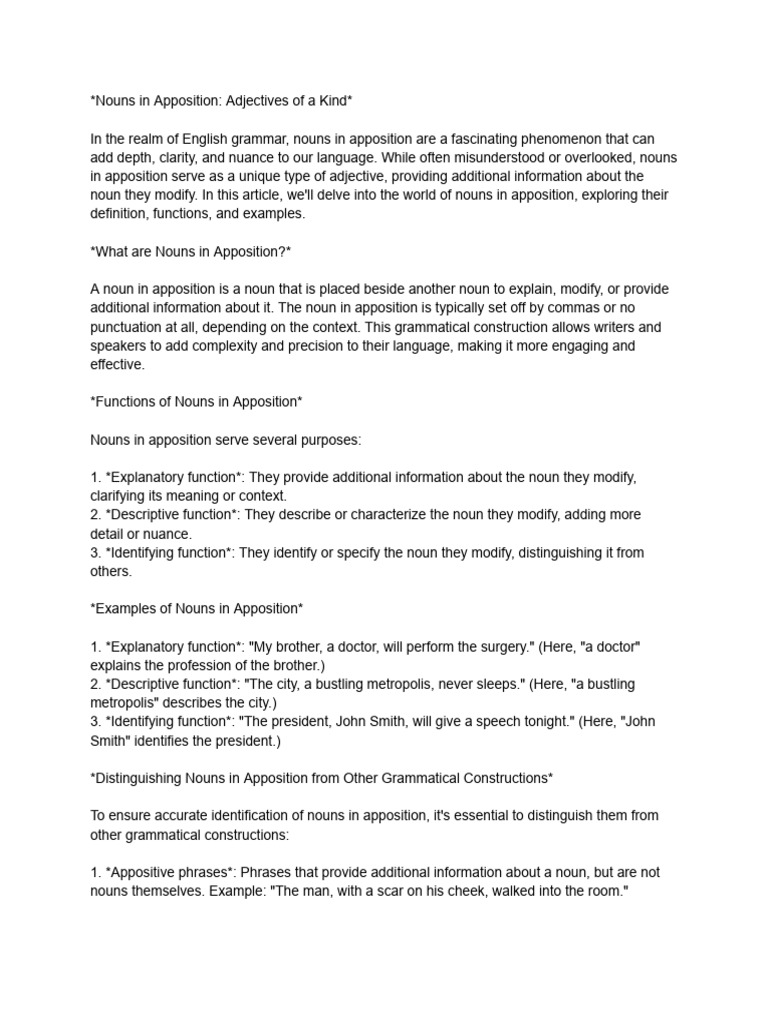 Nouns in Apposition - Adjectives of A Kind | PDF | Noun | English Grammar