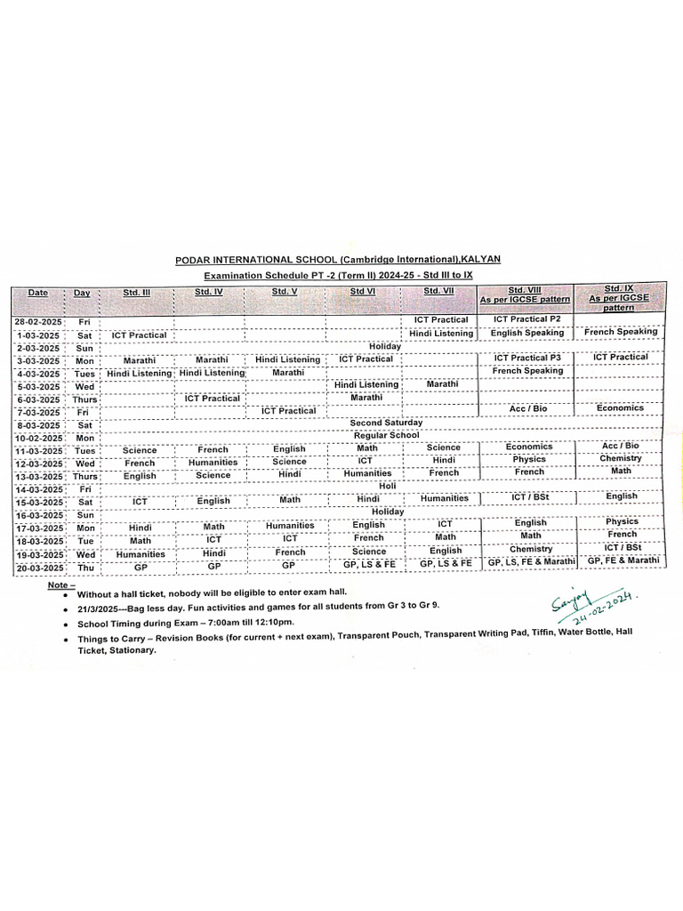 PT-2 Time Table 2024-25 | PDF