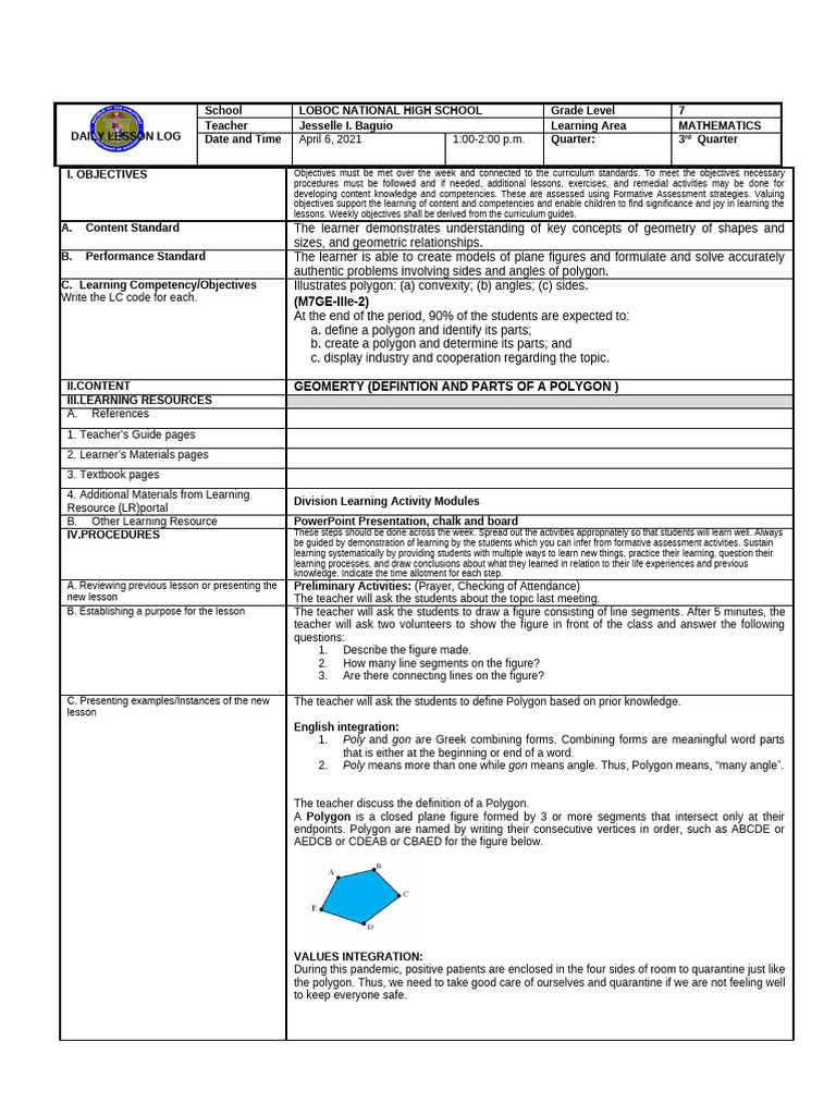 Grade 7 Geometry Lesson Plan | PDF | Vertex (Geometry) | Geometry