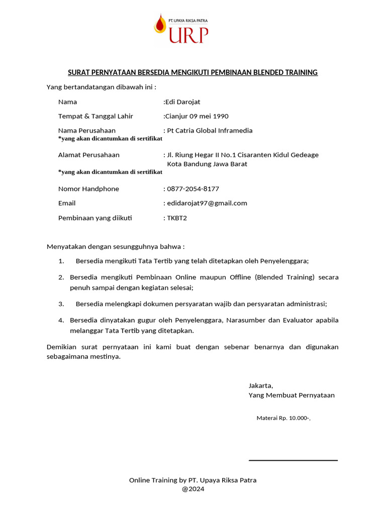 Surat Pernyataan Bersedia Mengikuti Pembinaan Blended | PDF