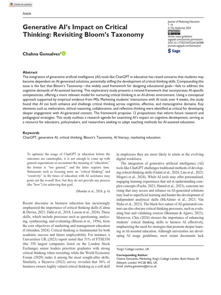 Generative AI’s Impact on Critical Thinking (2) | PDF | Artificial Intelligence | Intelligence ...