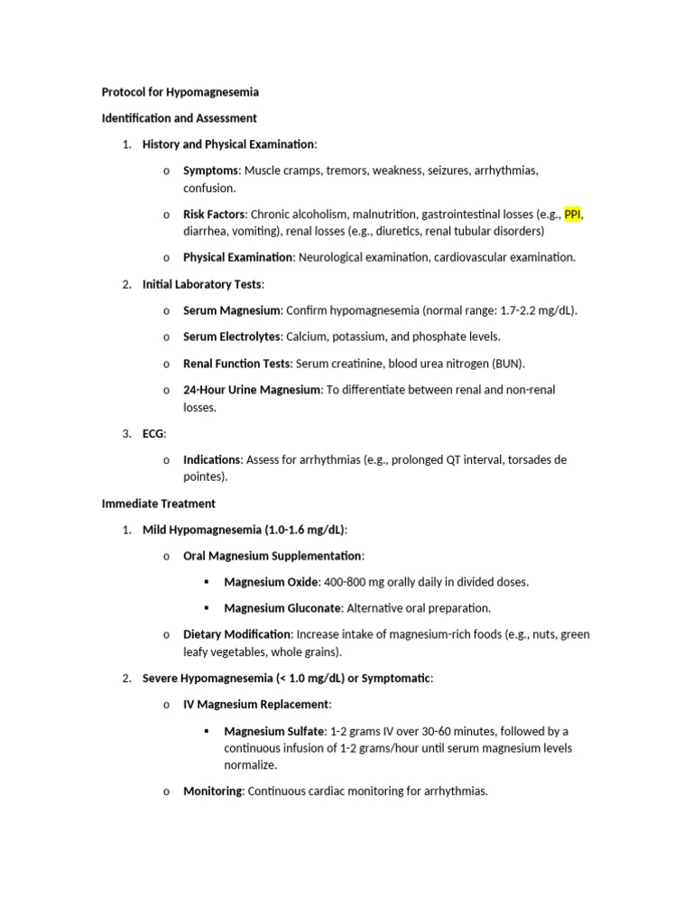 Protocol for Hypomagnesemia (2) | PDF | Magnesium | Medical Specialties