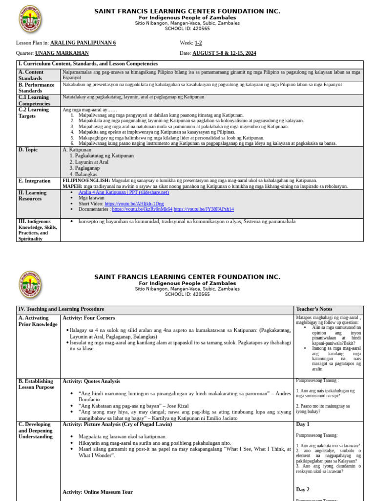 Saint Francis Learning Center Foundation Inc.: Lesson Plan In: Week ...