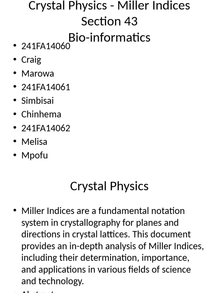 Crystal Physics Miller Indices Updated Template | PDF | Crystallography | Crystal Structure