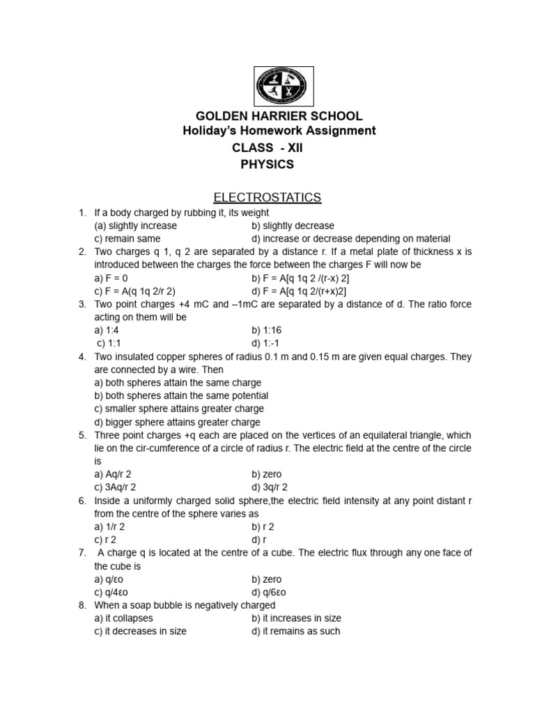 Class XII Physics HHW Assignment (2024-25) | PDF | Capacitor | Capacitance