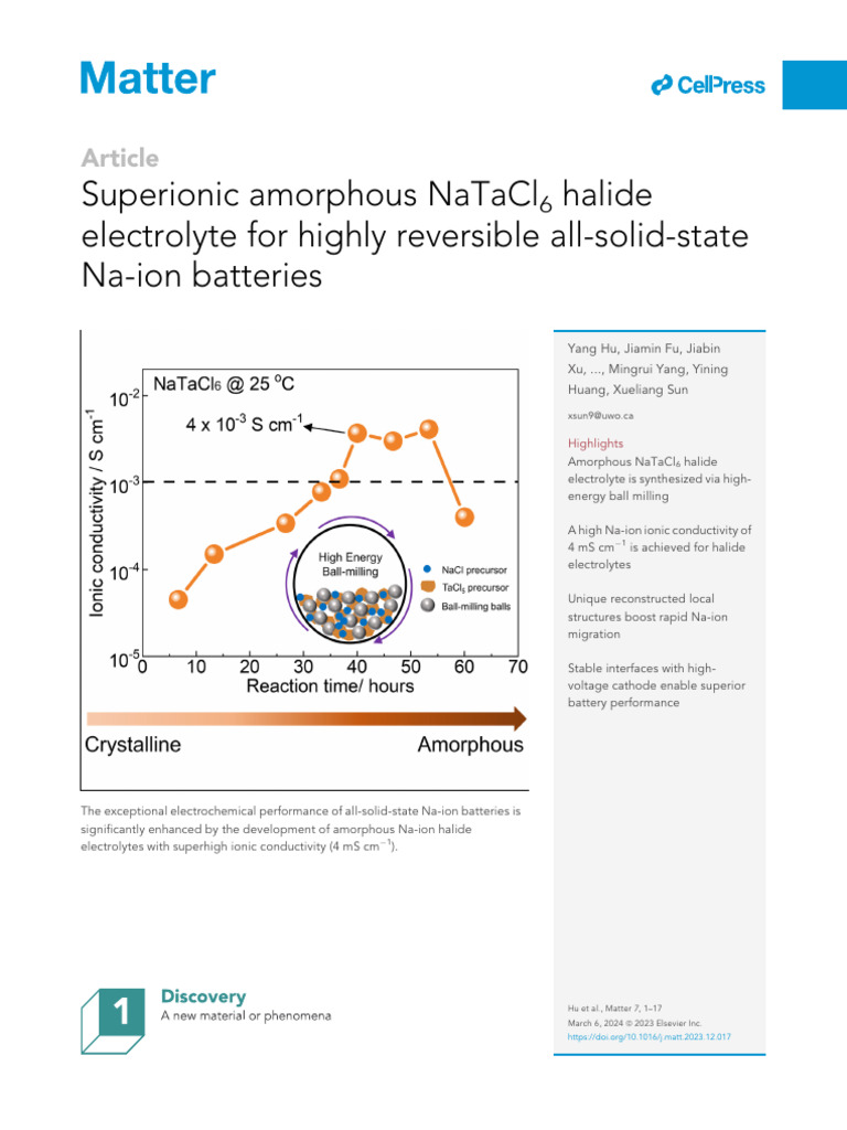 Superionic NaTaCl6 Electrolyte for ASSNIBs | PDF | Electrochemistry ...
