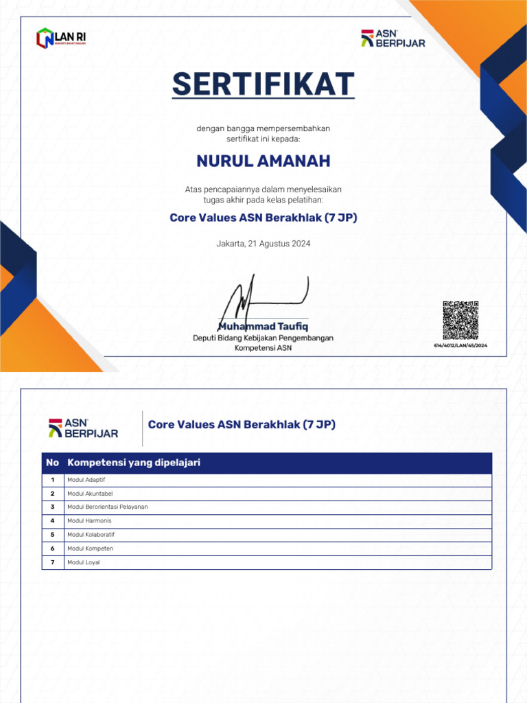 Sertifikat_kelas Core Values ASN Berakhlak (7 JP)_NURUL AMANAH | PDF