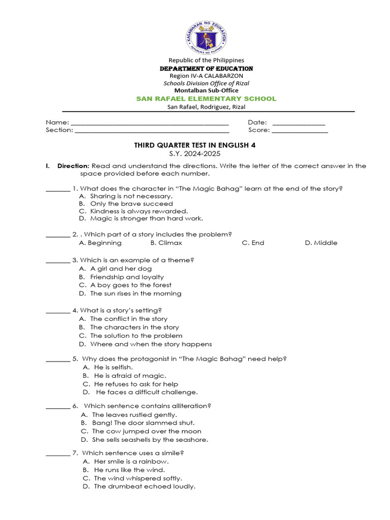 Grade 4 English Third Quarter Exam | PDF