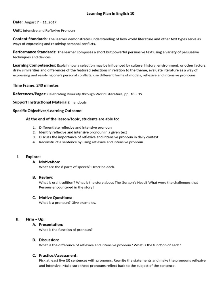 Reflexive Pronouns Lesson Plan | PDF | Learning | Pronoun
