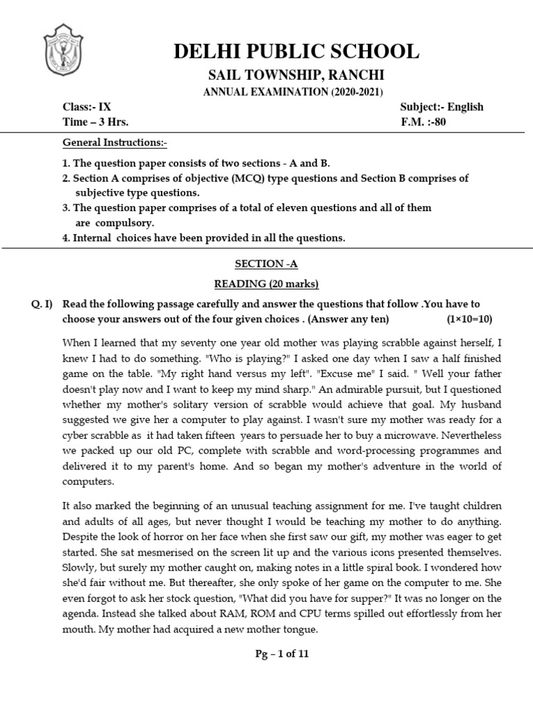 Class 9 English Exam Question Paper | PDF | Supreme Court Of The United ...