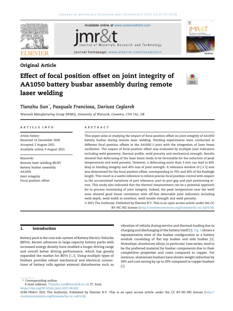 Effect of Focal Position Offset On Joint Integrity of AA1050 Battery ...