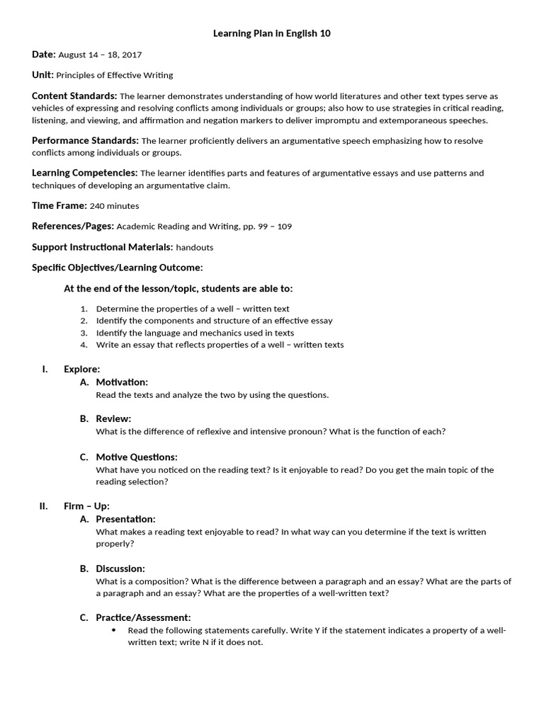 Principles of Effective Writing Lesson Plan | PDF | Learning | Essays