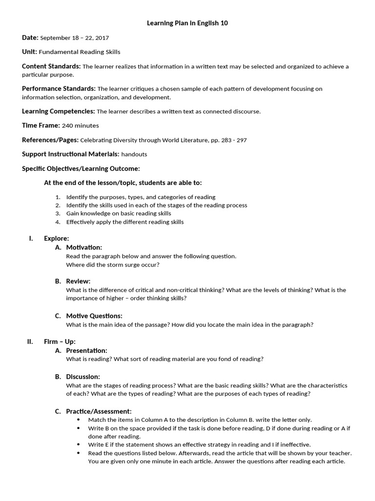 Fundamental Reading Skills Lesson Plan | PDF | Learning | Intelligence