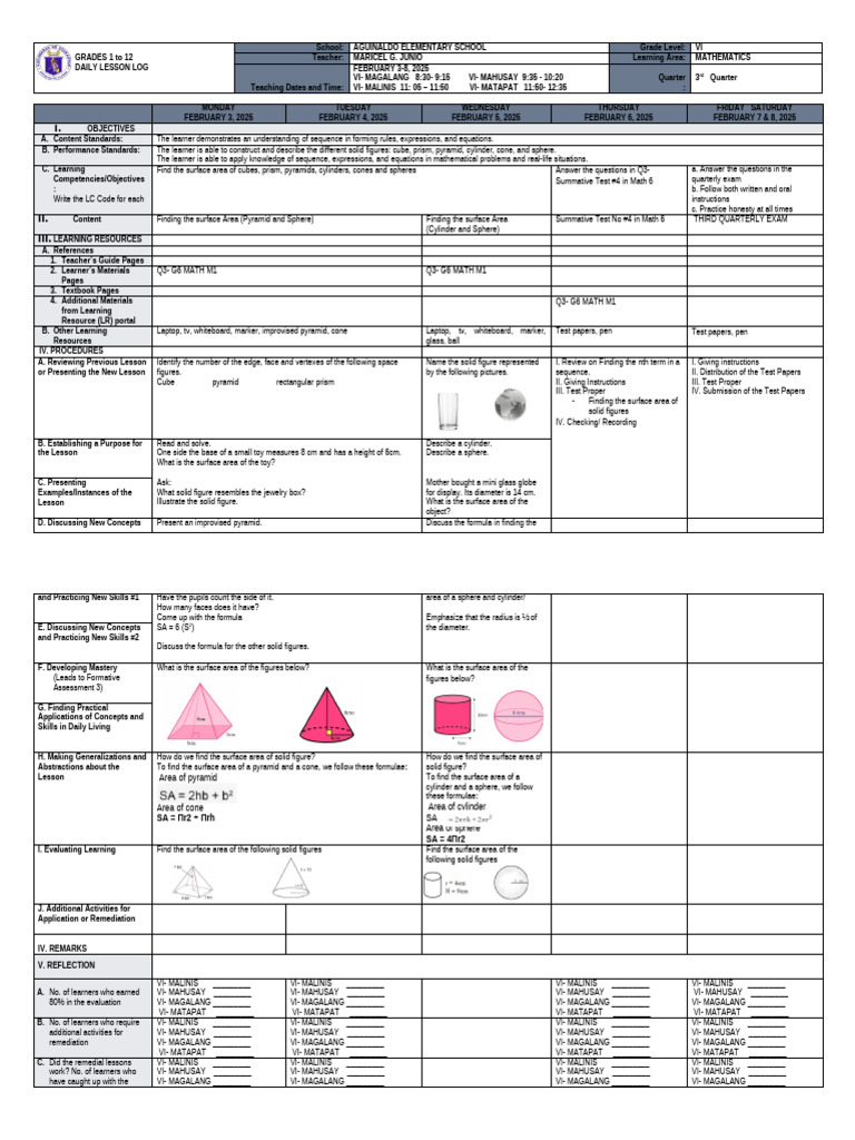 DLL_MATHEMATICS 6_q3- feb 3-8 - Copy | PDF | Area | Mathematics