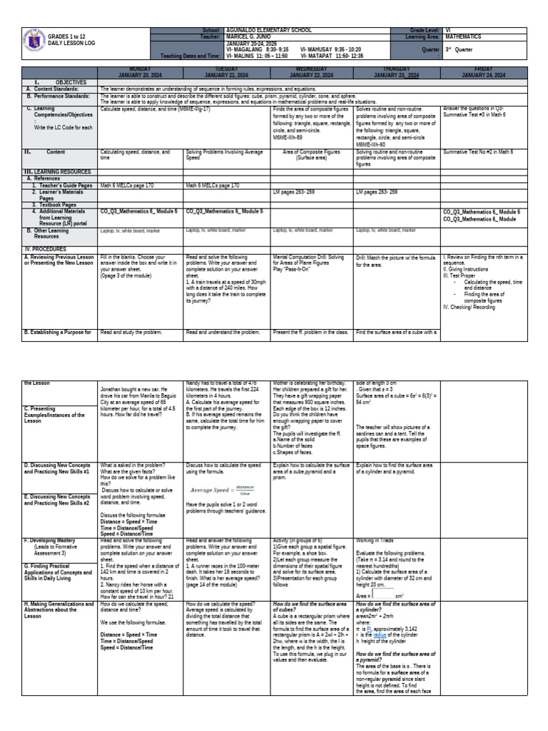 DLL - MATHEMATICS 6 - Q3 - Jan 20-24 | PDF | Area | Geometry