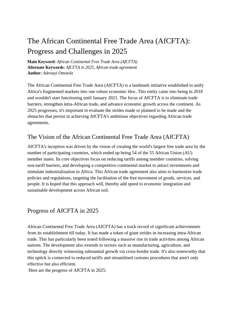 The African Continental Free Trade Area (AfCFTA) - Progress and ...
