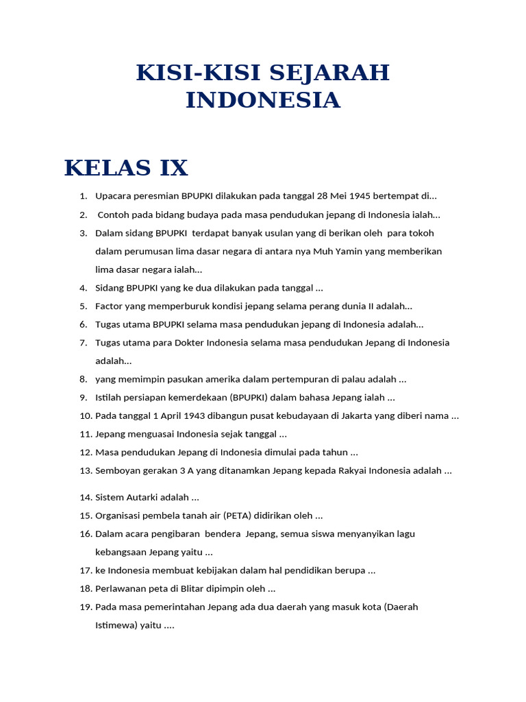 Kisi-Kisi Sejarah Uts 2025 | PDF