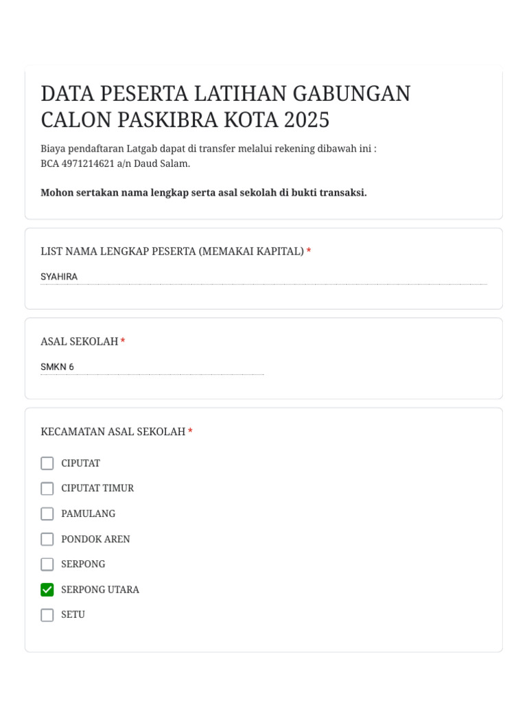 Data Peserta Latihan Gabungan Calon Paskibra Kota 2025 | PDF