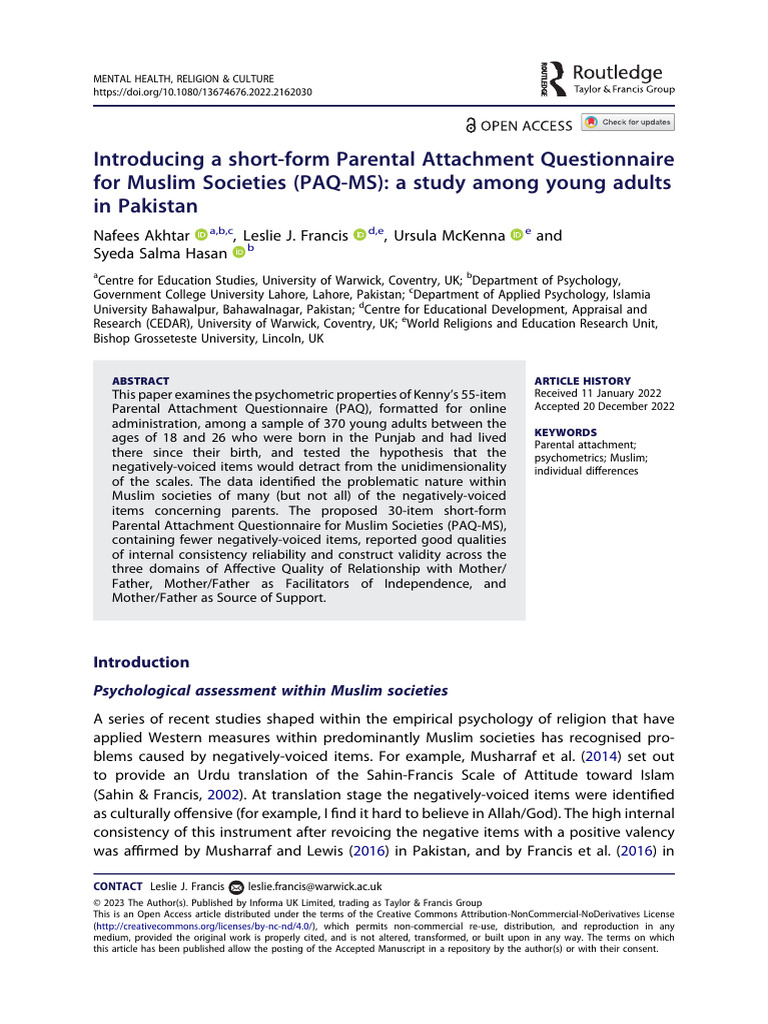 Parental Attachment Questionnaire for Muslims | PDF | Attachment Theory ...