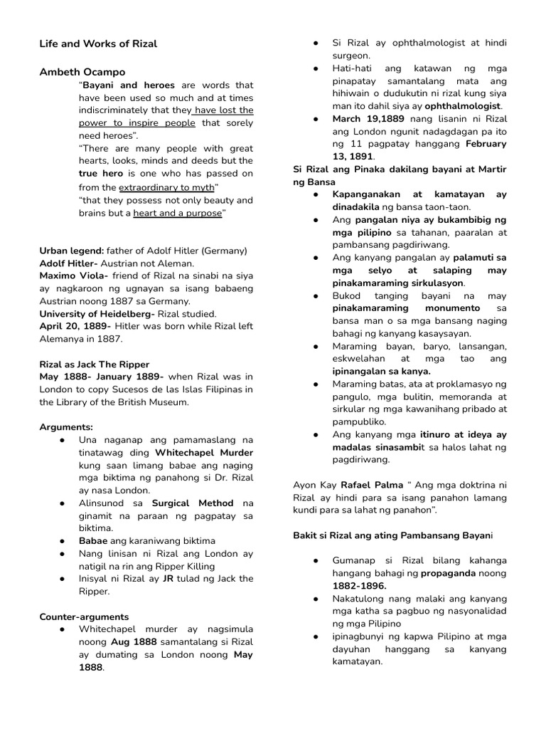 Notes in Life and Works of Rizal | PDF