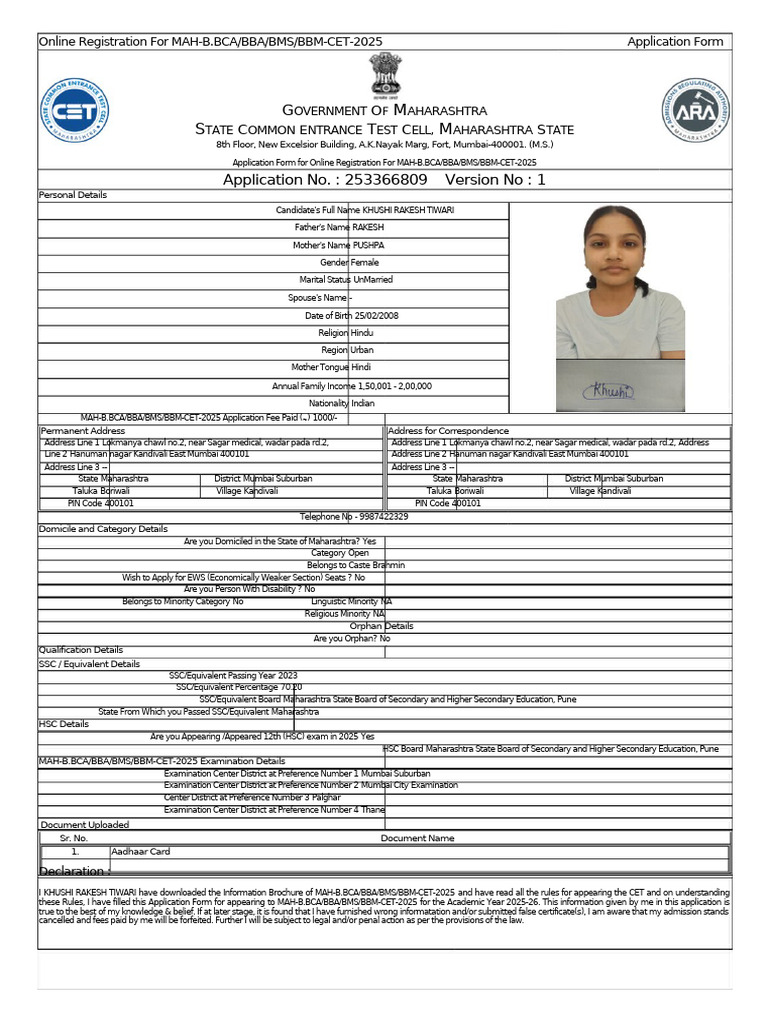 Khushi Cet Application Form | PDF | Educational Stages