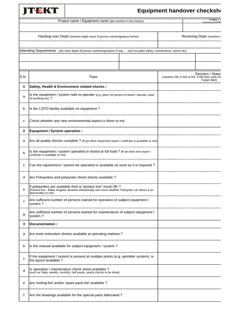Equipment Handover Checklist Template | PDF