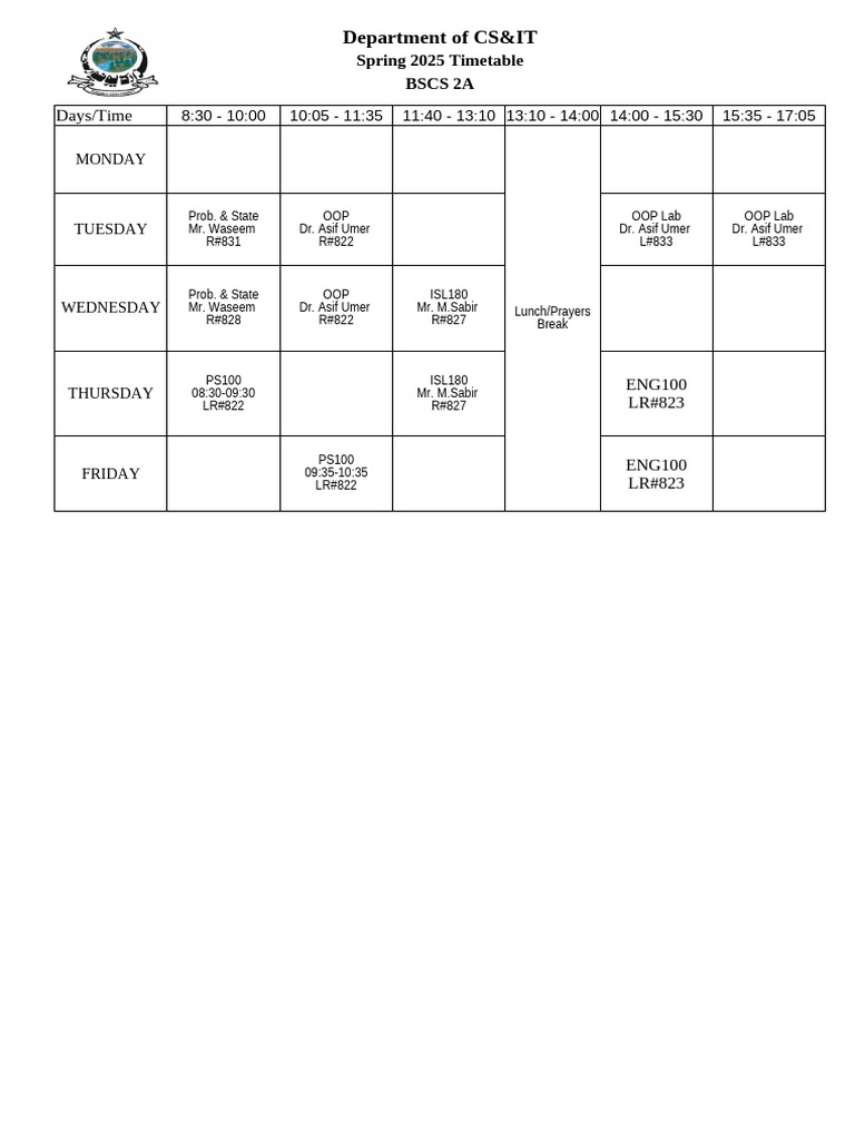 BSCS Timetable Spring 2025-2 | PDF