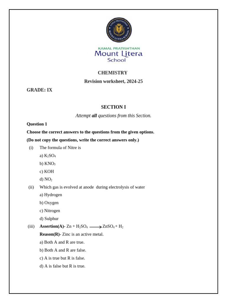 925 - Grade - 9 - Chemistry - T1 - Revision Worksheet | PDF | Chemical ...