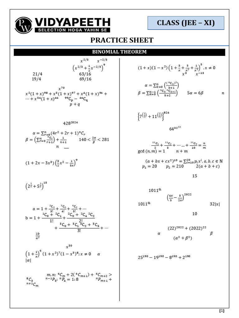Practice Sheet_Binomial Theorem_Jaikishan Sir_07-12-2024-2 | PDF | Combinatorics | Arithmetic