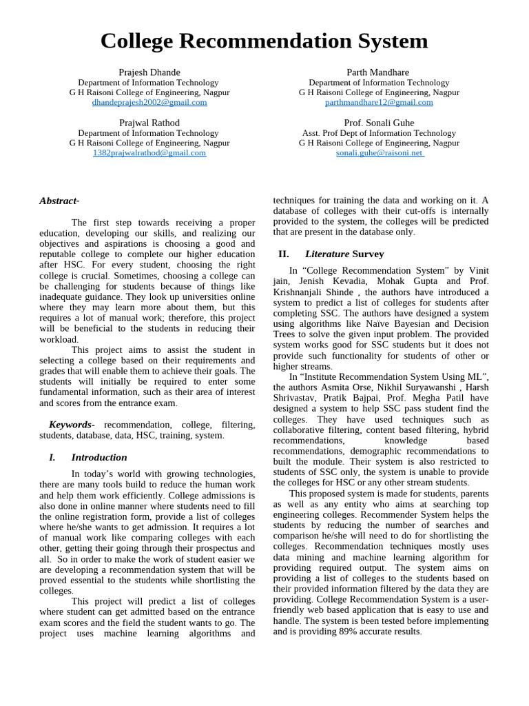 College Recommendation System - (Research Paper) | PDF | Learning | Cognitive Science