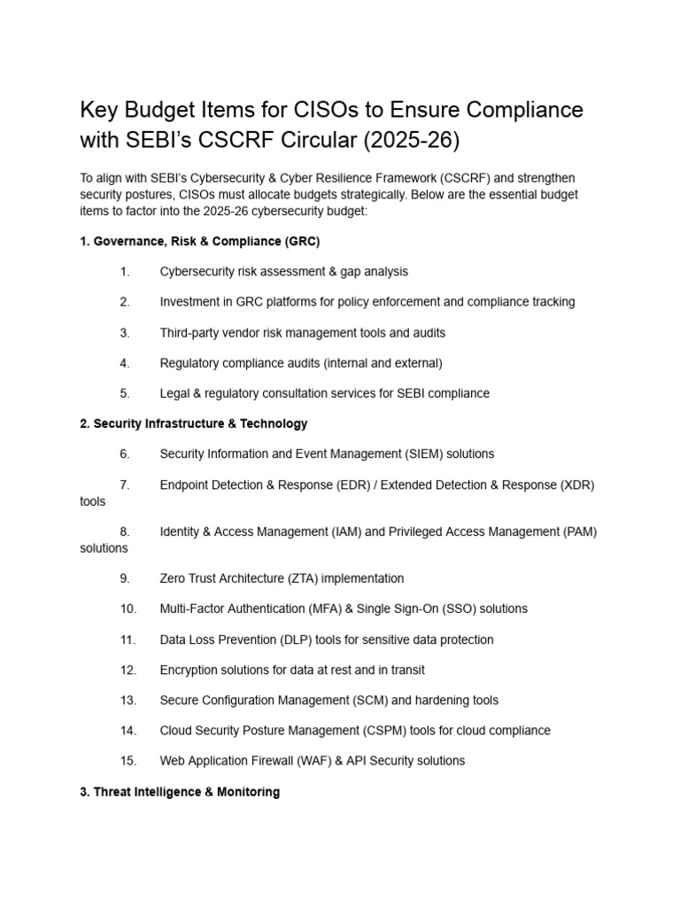 Key Budget Items For CISOs To Ensure Compliance With SEBI's CSCRF ...