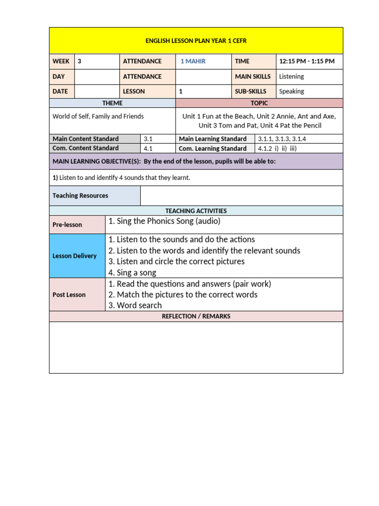 Y1 Phonics W03-04 (LP01-05) | PDF | Phonics | Lesson Plan