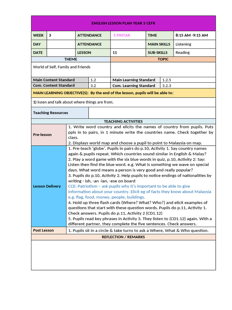 Y5 Cefr Starter Unit W03-04 (LP11-16) | PDF | Question | Lesson Plan