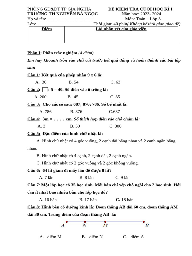 Toan 3 de Thi Cuoi HK I | PDF