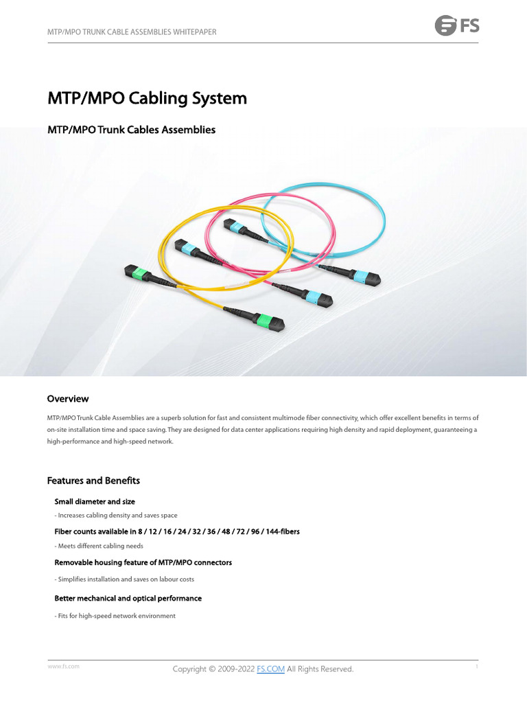 MTP Mpo Trunk Cable Assemblies | PDF | Optical Fiber | Optics