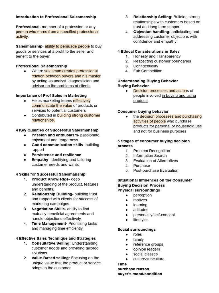 Introduction To Professional Salesmanship | PDF | Sales | Nonverbal ...