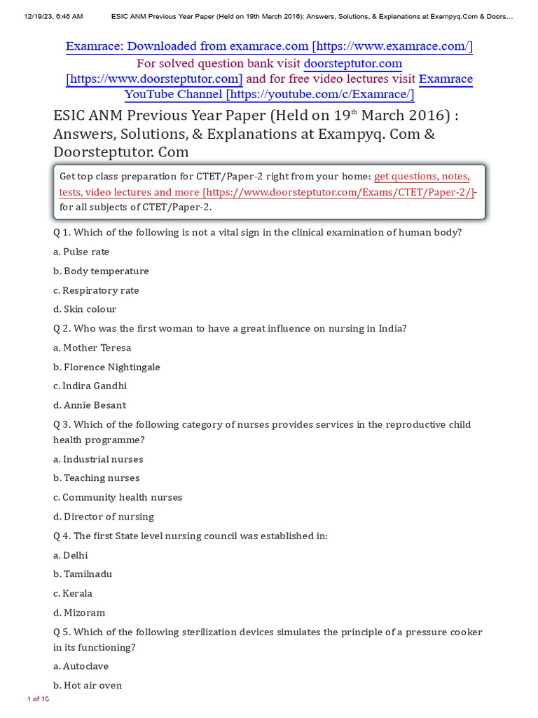 ESIC ANM Previous Year Paper Held On 19th March 2016 Part 1 | PDF ...
