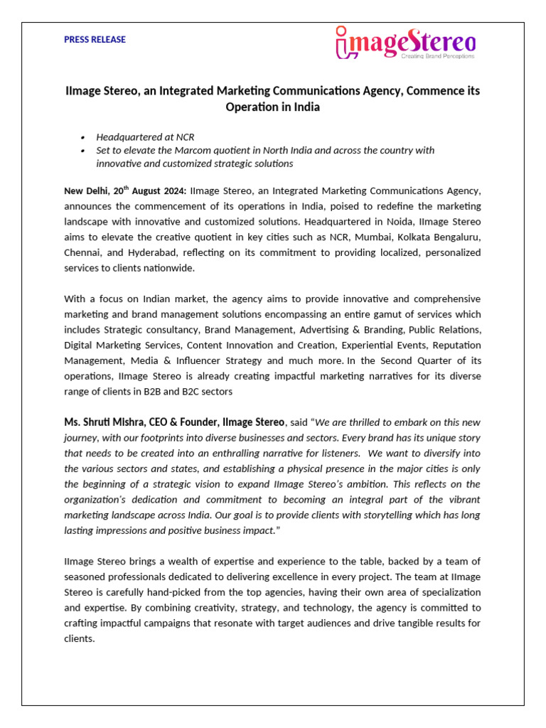 20.08.2024 - IS Press Release - IImage Stereo, An Integrated Marketing ...