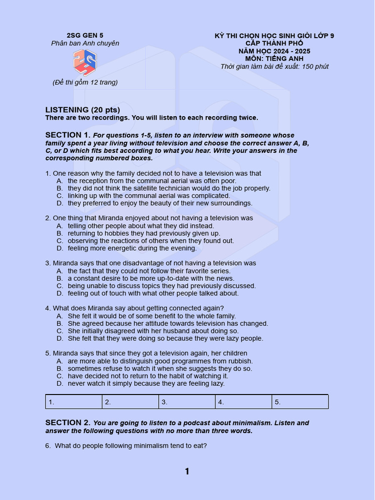 [2SG GEN 5] ĐỀ THI THỬ I - HSGTP 9 | PDF | Intelligence Quotient | Universe