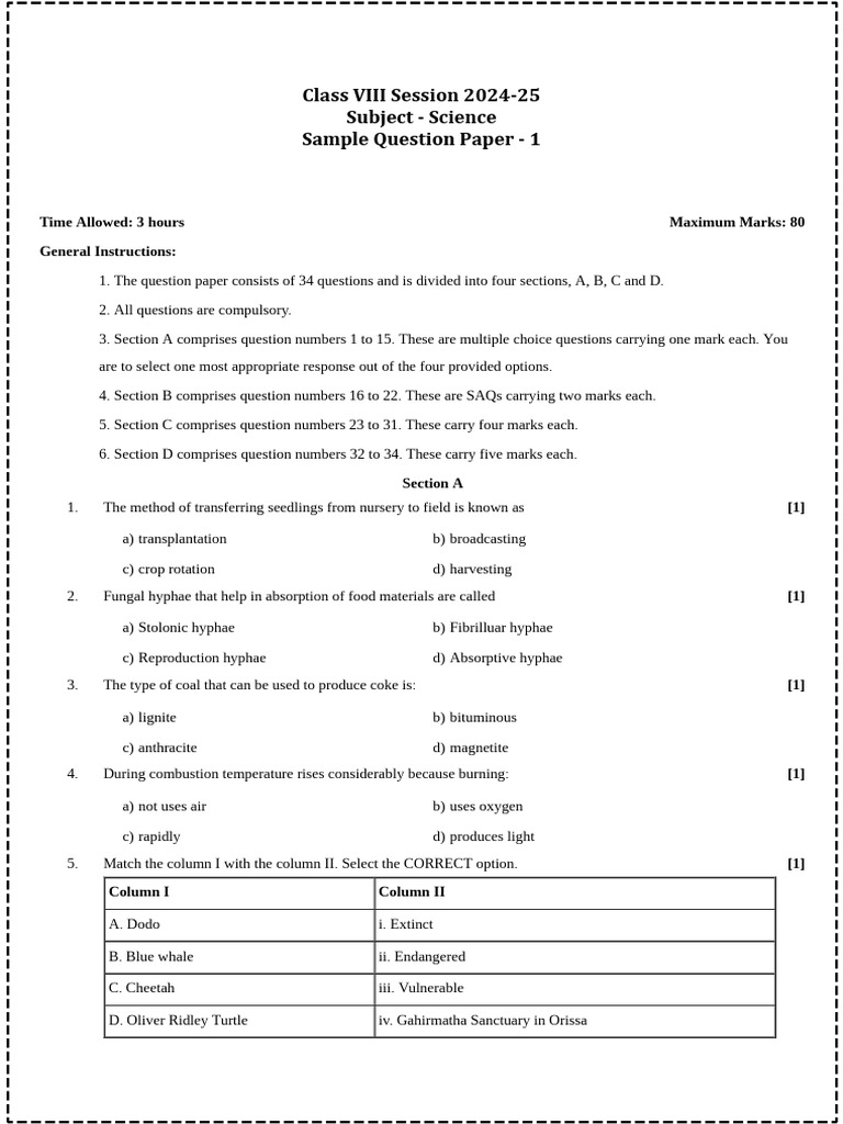 Class Viii Session 202 4 -2 5 Science Sample Paper Set-1 | PDF | Force ...