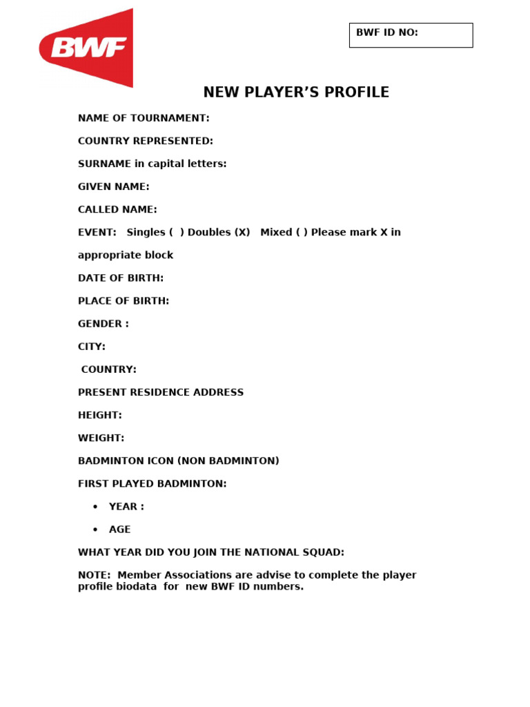 1000 - BWF ID Form International Tournaments 2 | PDF