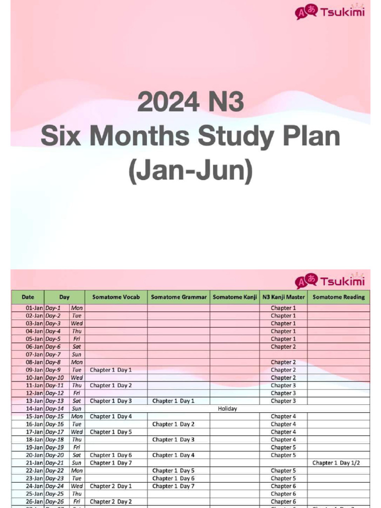 N3 6 Months Study Plan For 2024 by Tsukimi | PDF