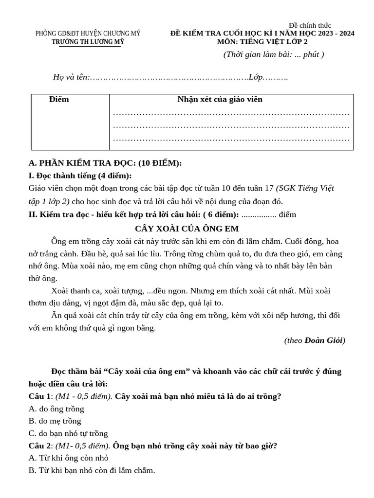 De Kiem Tra Tieng Viet 2 | PDF