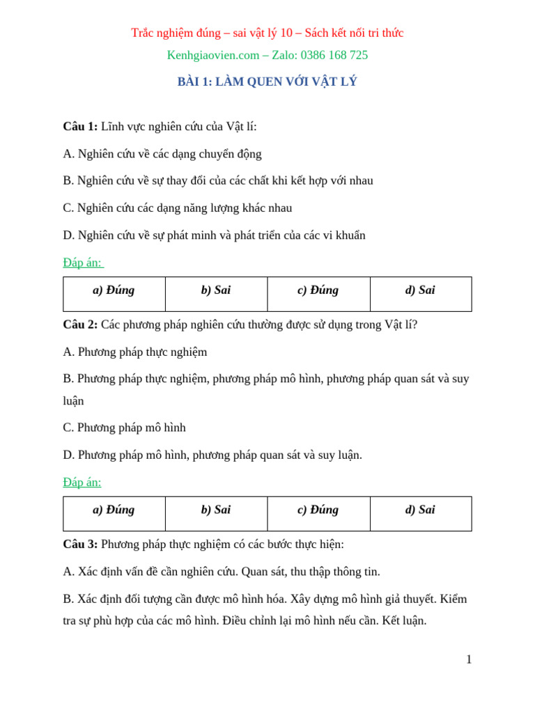 TN Dung Sai Vat Ly 10 KNTT Bai 1 Lam Quen Voi Vat Ly | PDF