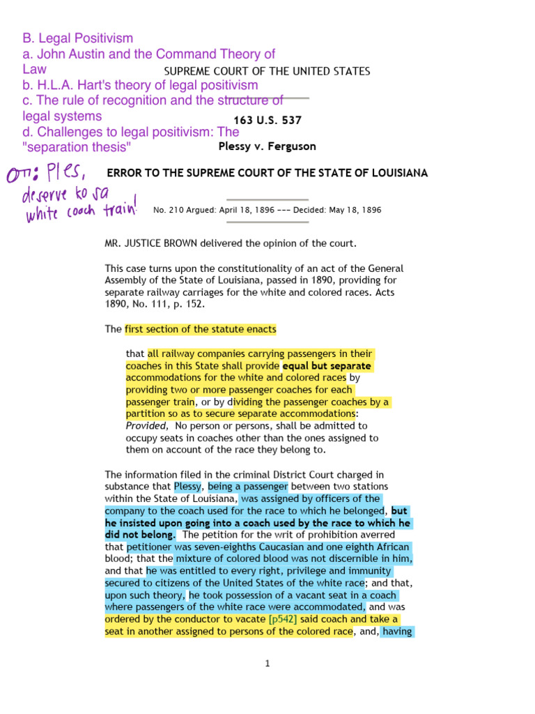 Plessy v. Ferguson Case Summary | PDF | Plessy V. Ferguson | Litigation